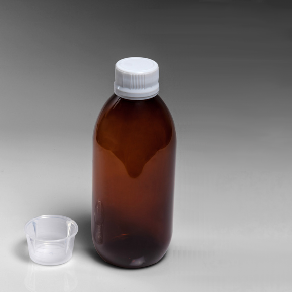 200ml Amber Plastic Bottle with 24mm tamper evident cap and Cup ...